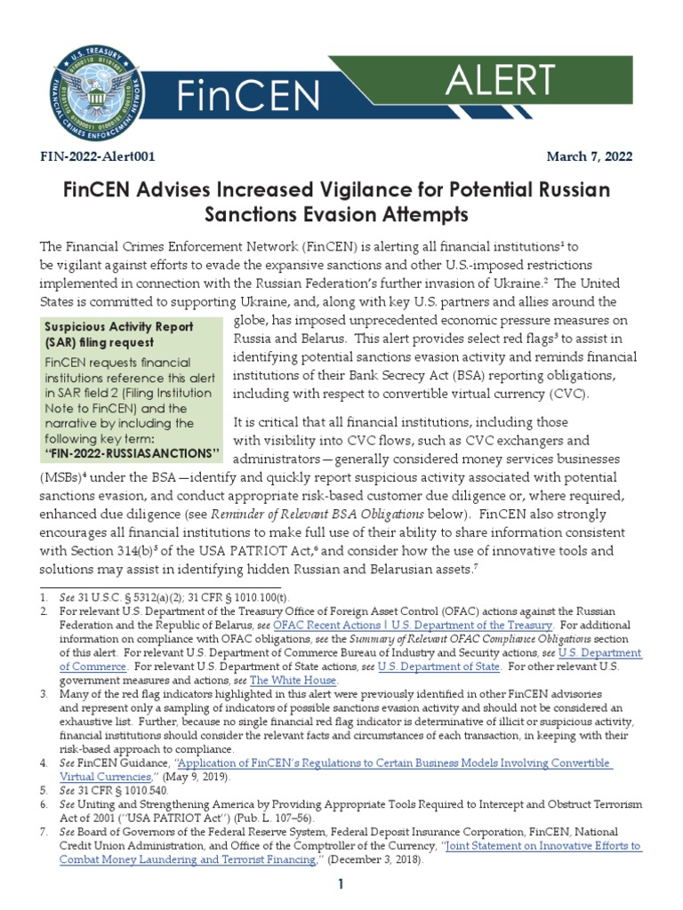 FinCEN Alert: Vigilance Against Russian Sanctions | PDF | Money ...