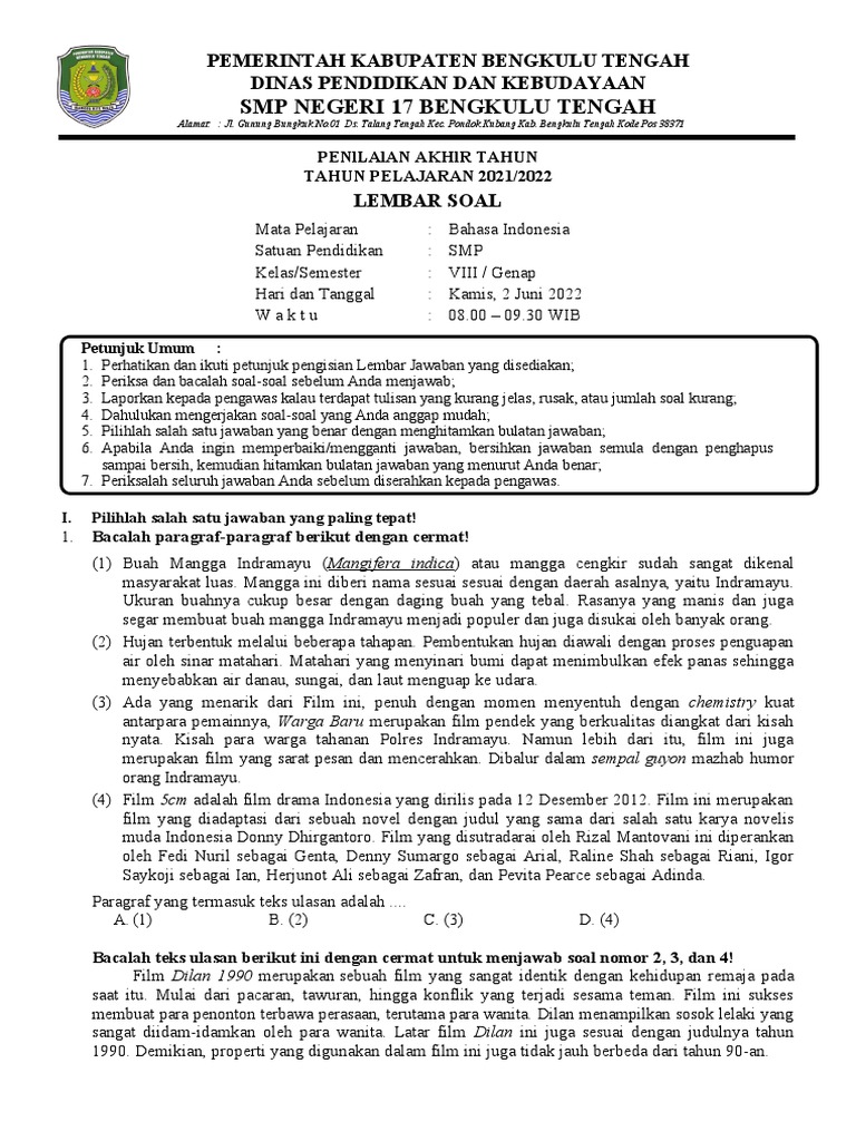 Soal PAT Bahasa Indonesia Kelas 8 Sem 2 TA 2022 | PDF | Fiksi Umum