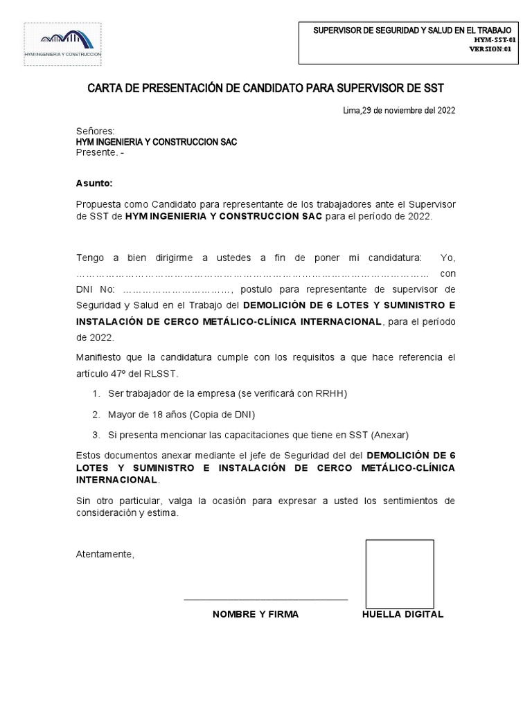 02 Modelo - Carta Presentación de Candidato para Sub Comité de SST | PDF