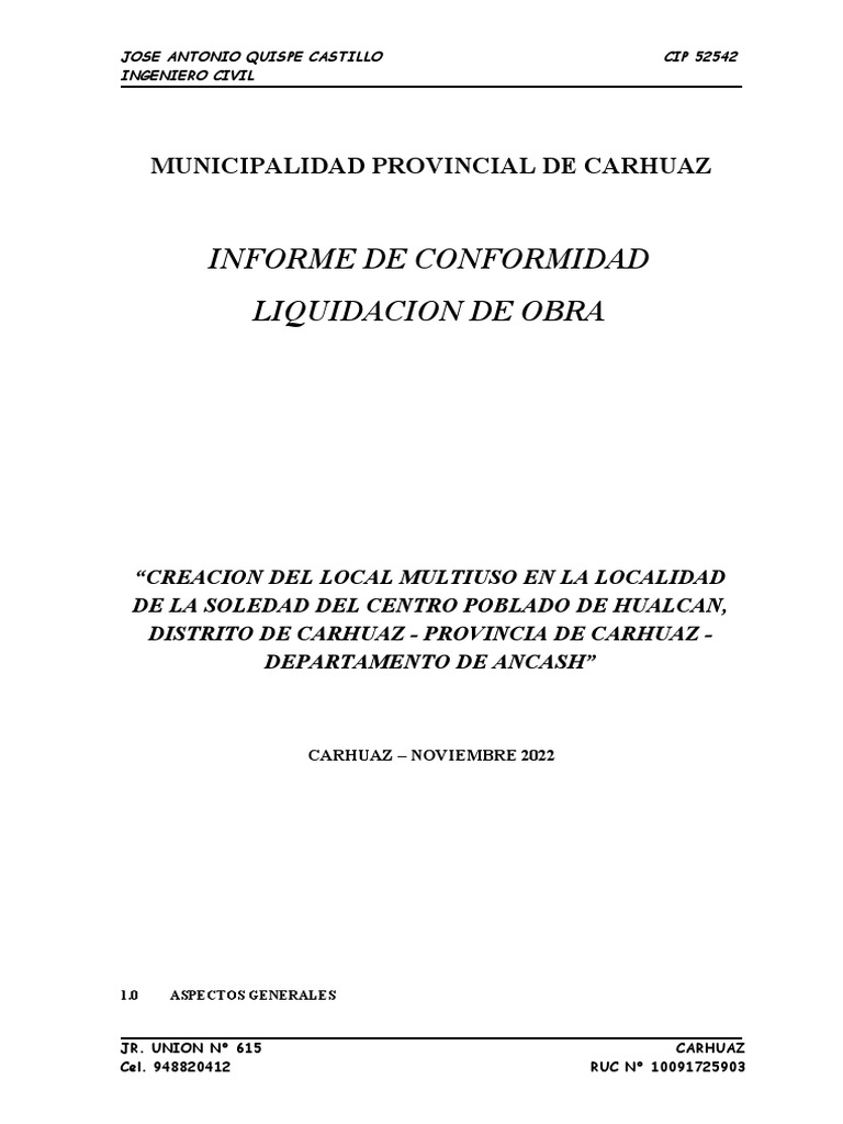 Informe de Conformidad Liquidación de Obra | PDF | Hormigón | Ingeniería de Edificación