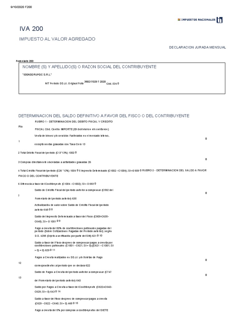 Formulario IVA 200 v3 PDF Resumido | PDF | Impuesto al valor agregado ...