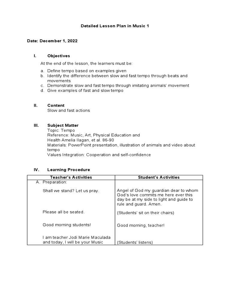Detailed Lesson Plan in Music 1 | PDF | Teachers | Lesson Plan