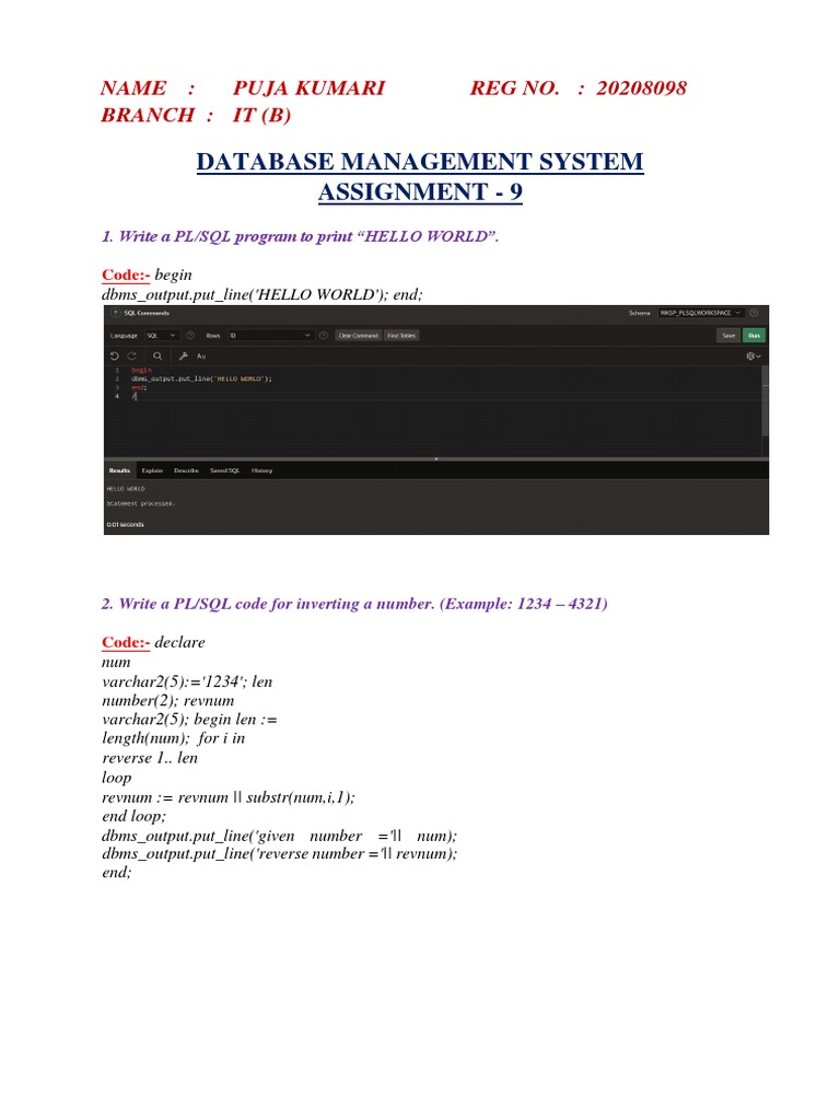 DBMS Lab-9 - 20208098 | PDF | Pl/Sql | Software Engineering