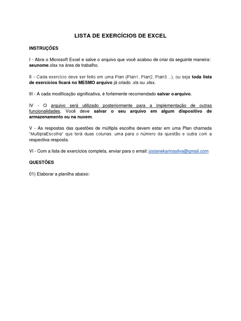 Exercícios de Excel | PDF