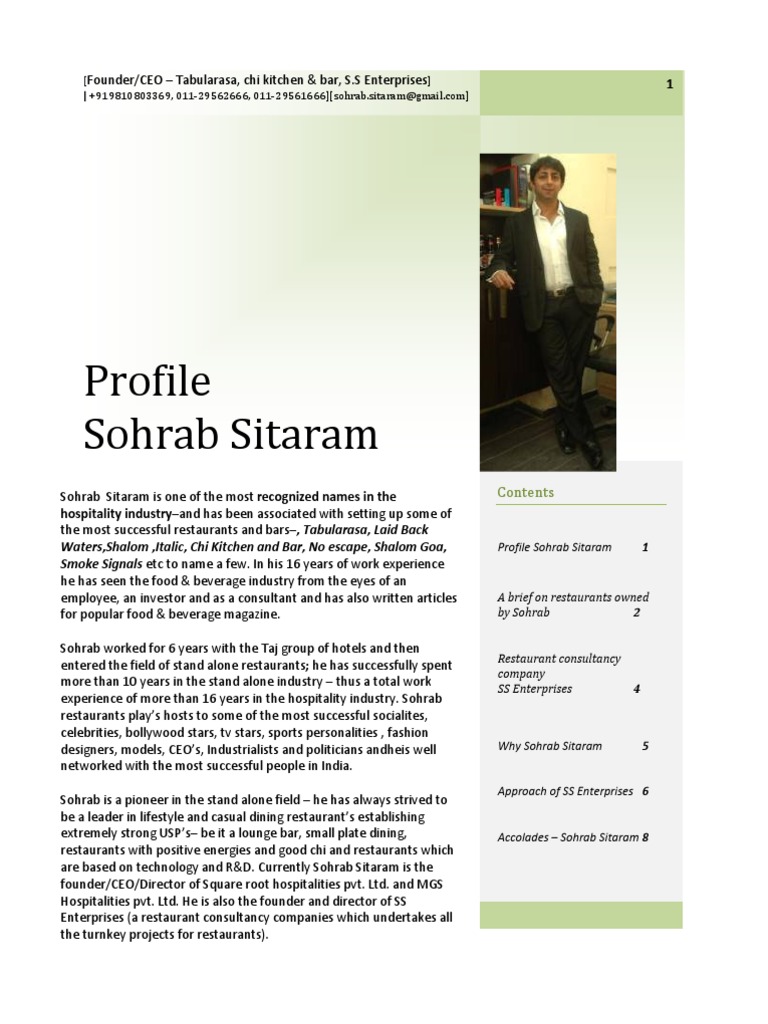 Copy - 2 - of Sohrab Sitaram Profile | PDF | Restaurants | Bar