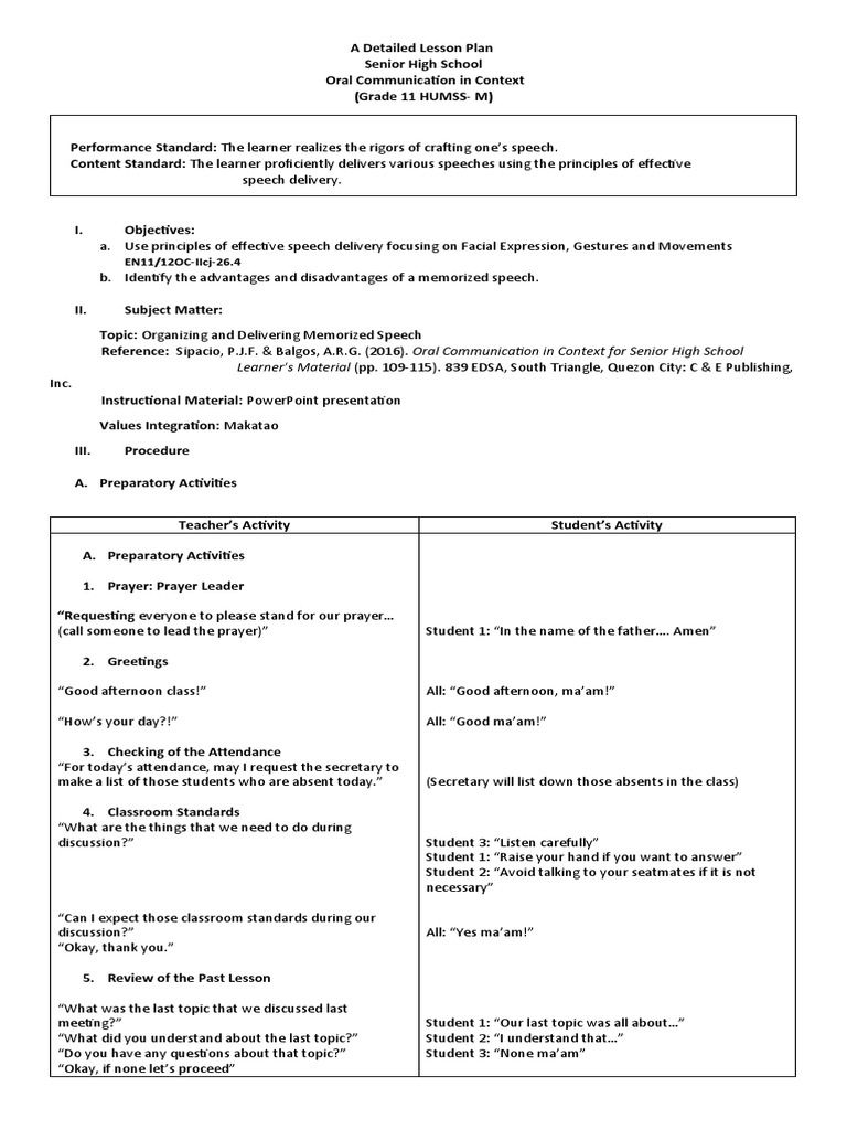 Memorized Speech Lesson Plan for Grade 11 | PDF | Lesson Plan | Gesture