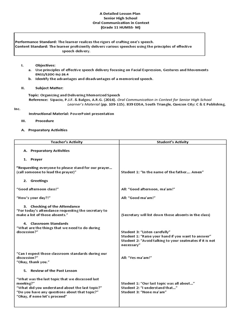 Memorized Speech Lesson Plan for Grade 11 | PDF | Lesson Plan ...