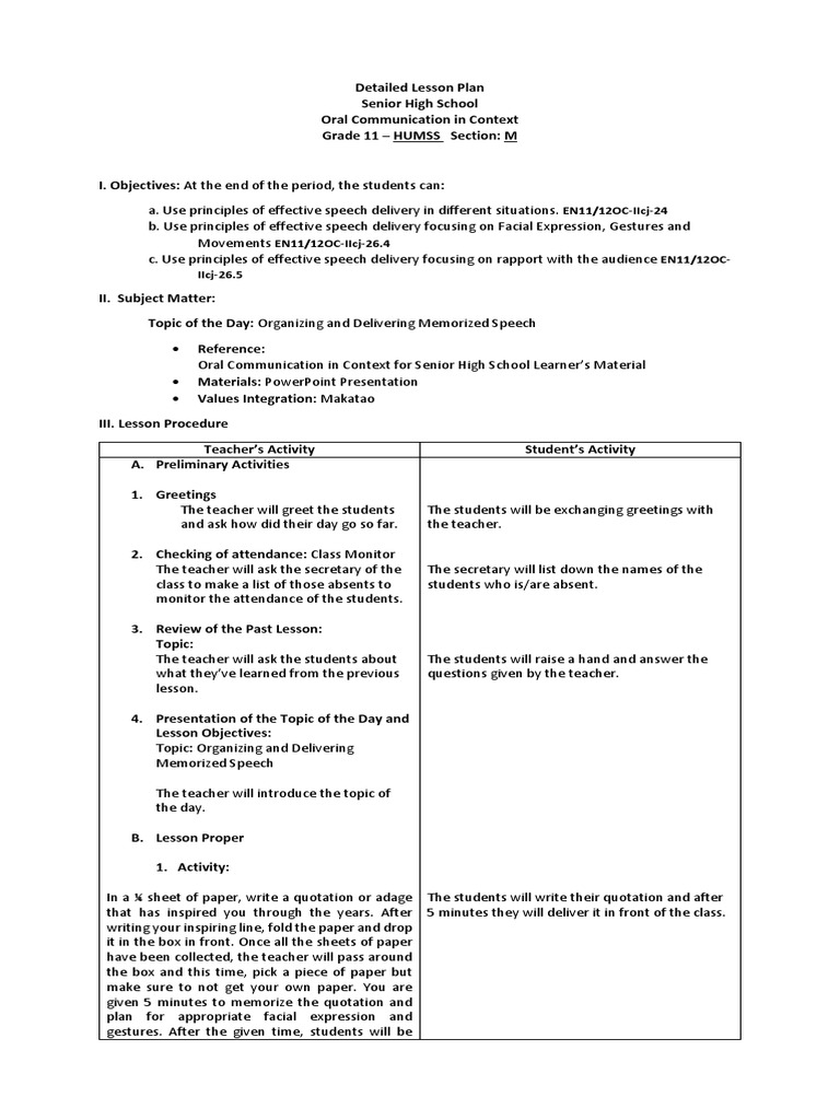 Effective Memorized Speech Lesson Plan | PDF | Teachers | Lesson Plan