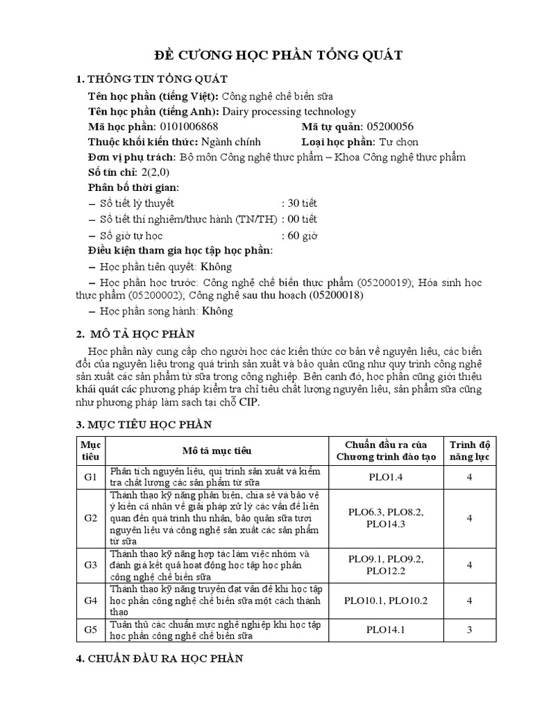 Đề cương học phần CNCB sữa | PDF