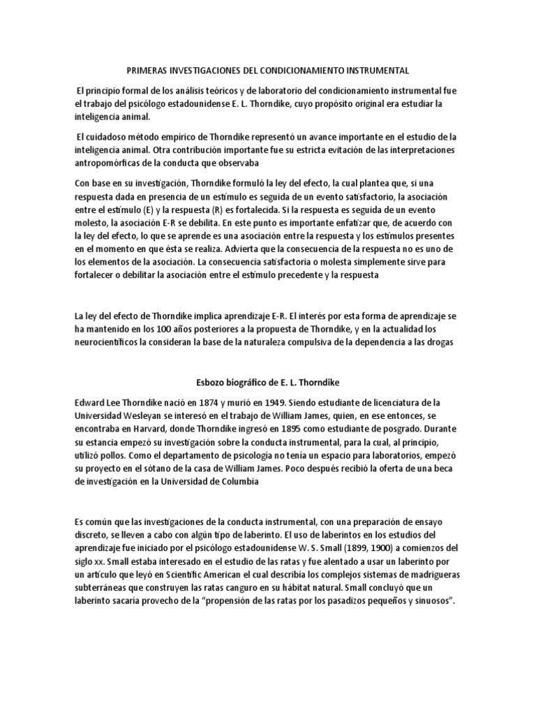 Primeras Investigaciones Del Condicionamiento Instrumental | PDF ...