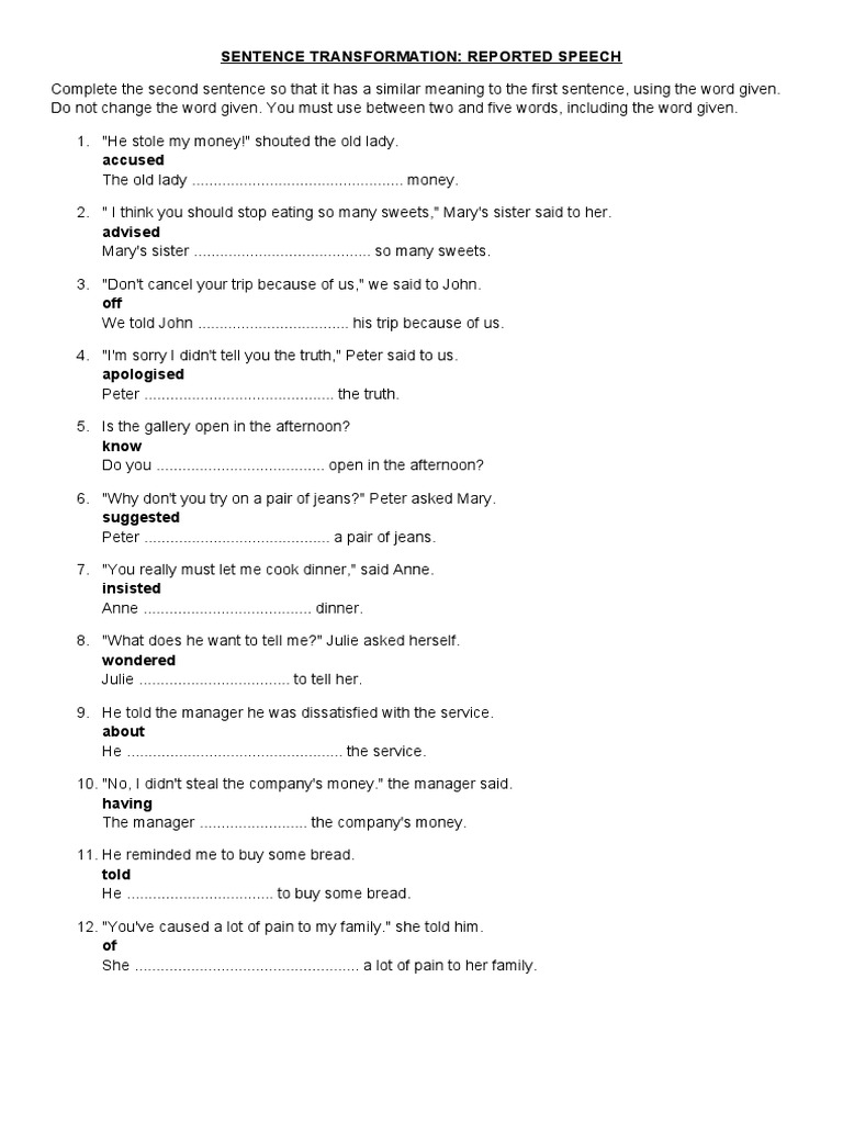 SENTENCE TRANSFORMATION Reported Speech1 | PDF