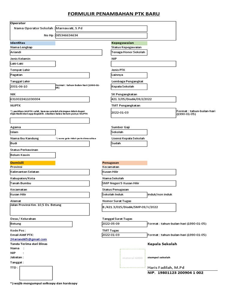 Formulir Penambahan PTK Baru | PDF