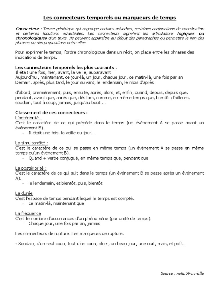 Connecteurs Temporels : Guide Pratique | PDF | crépuscule | Linguistique