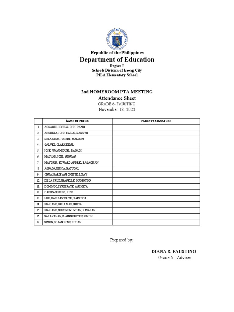 Grade 6 PTA Meeting Attendance Sheet | PDF