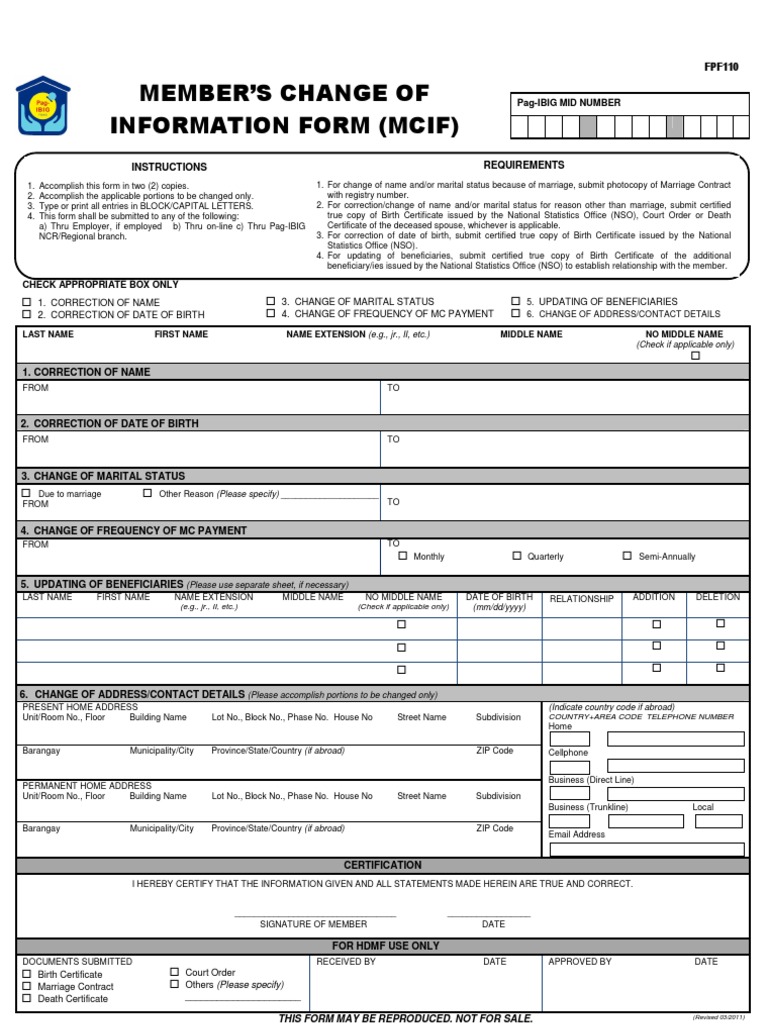 Member's Change of Information Form | PDF | Birth Certificate | Death ...