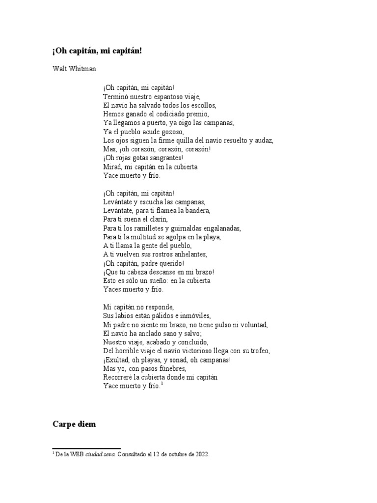 "Oh Capitán, mi Capitán: Poema de Whitman" | PDF | Poesía