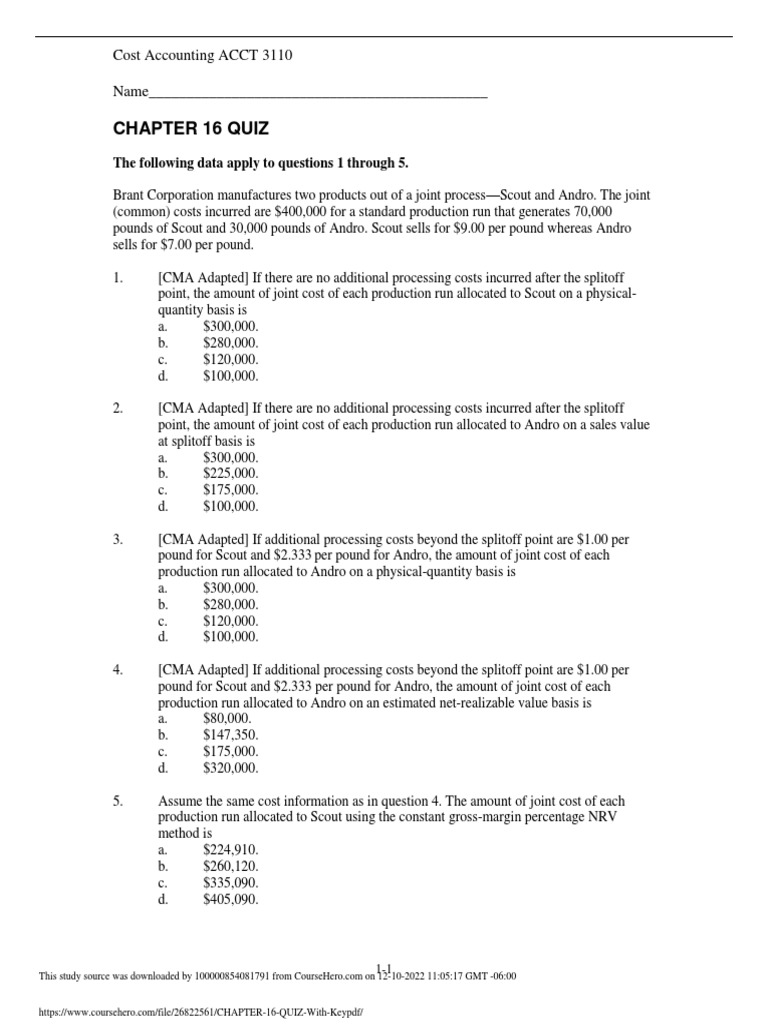 Cost Accounting Joint Costs Quiz | PDF | Gross Margin | Revenue