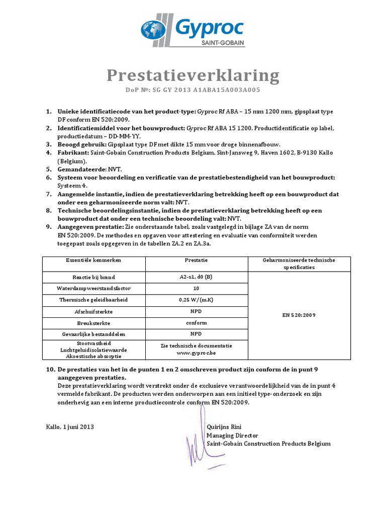 Prestatieverklaring - Gyproc RF ABA 15mm | PDF