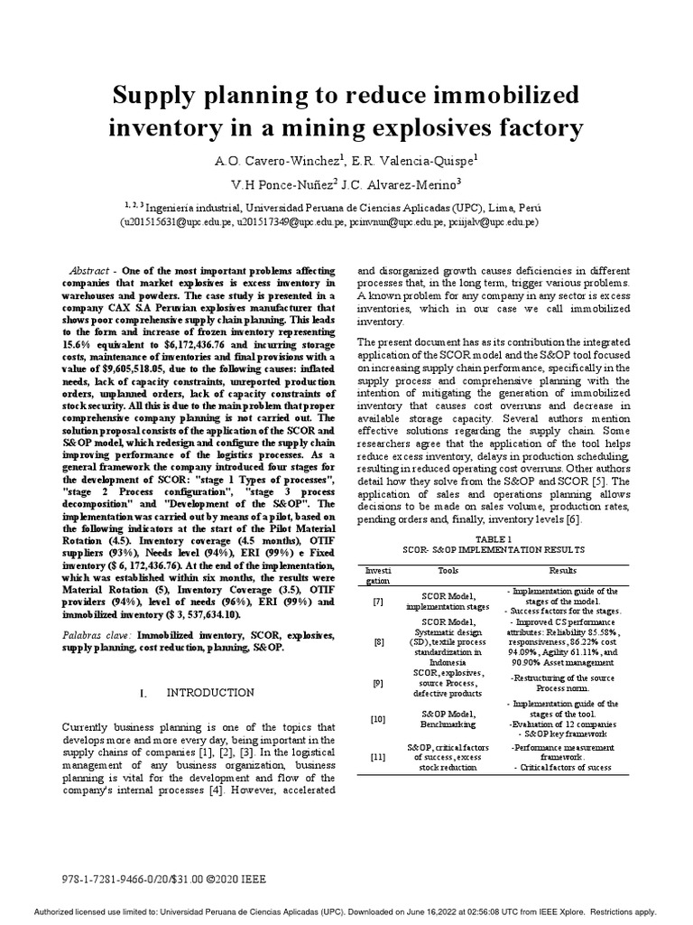 Supply Planning To Reduce Immobilized Inventory in A Mining Explosives ...