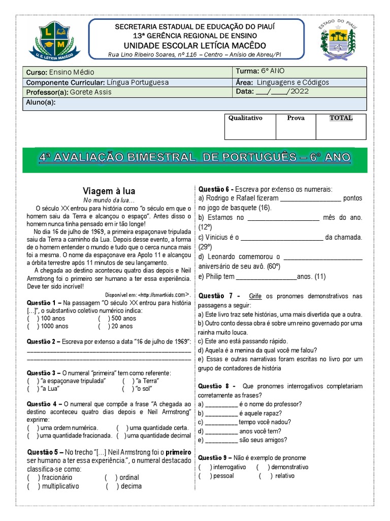 Prova 6ano Katia | PDF | Lua | Apollo 11
