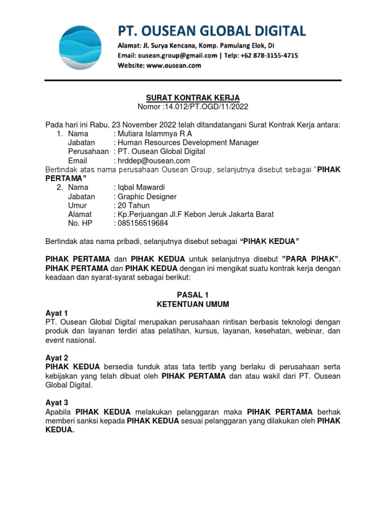 Surat Kontrak Kerja Graphic Design | PDF