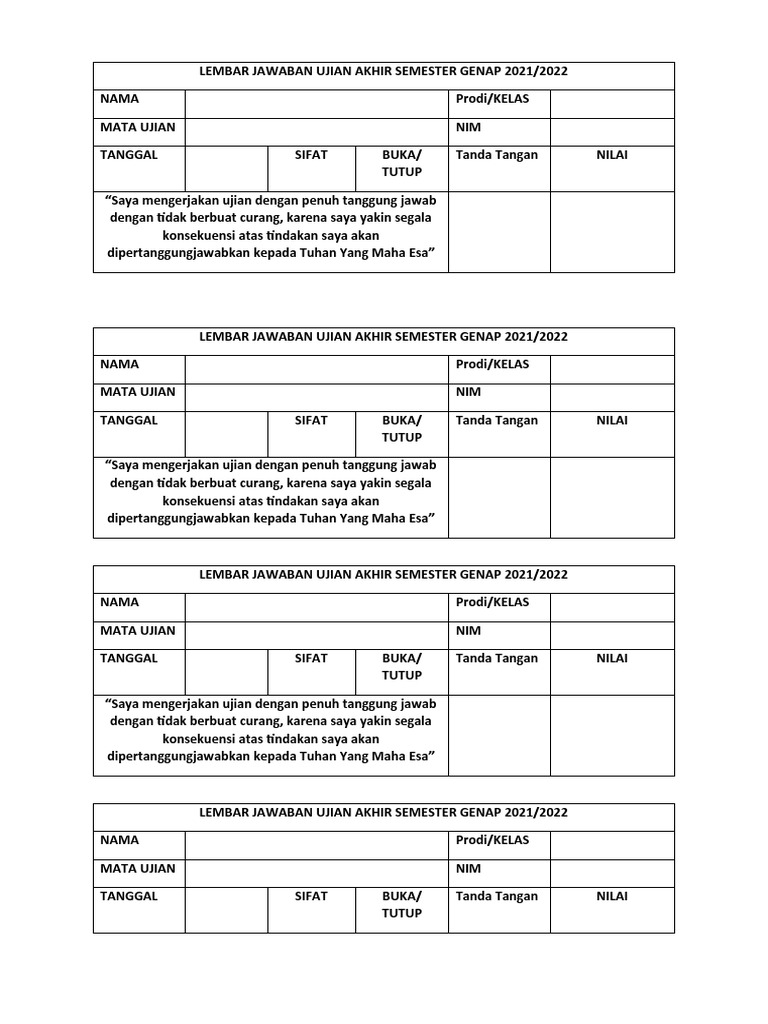 TEMPLATE LEMBAR JAWABAN DAN PAKTA INTEGRITAS UAS GENAP 2020-2021-1 | PDF
