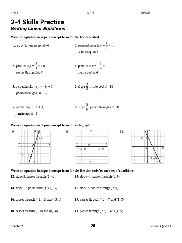 Skills Practice Writing Linear Equations | PDF