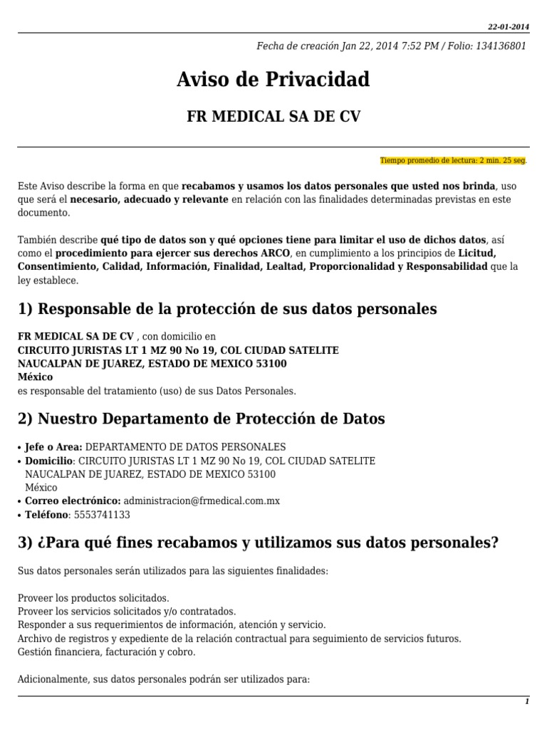 Aviso de Privacidad FR Medical | PDF | Cookie HTTP | Internet