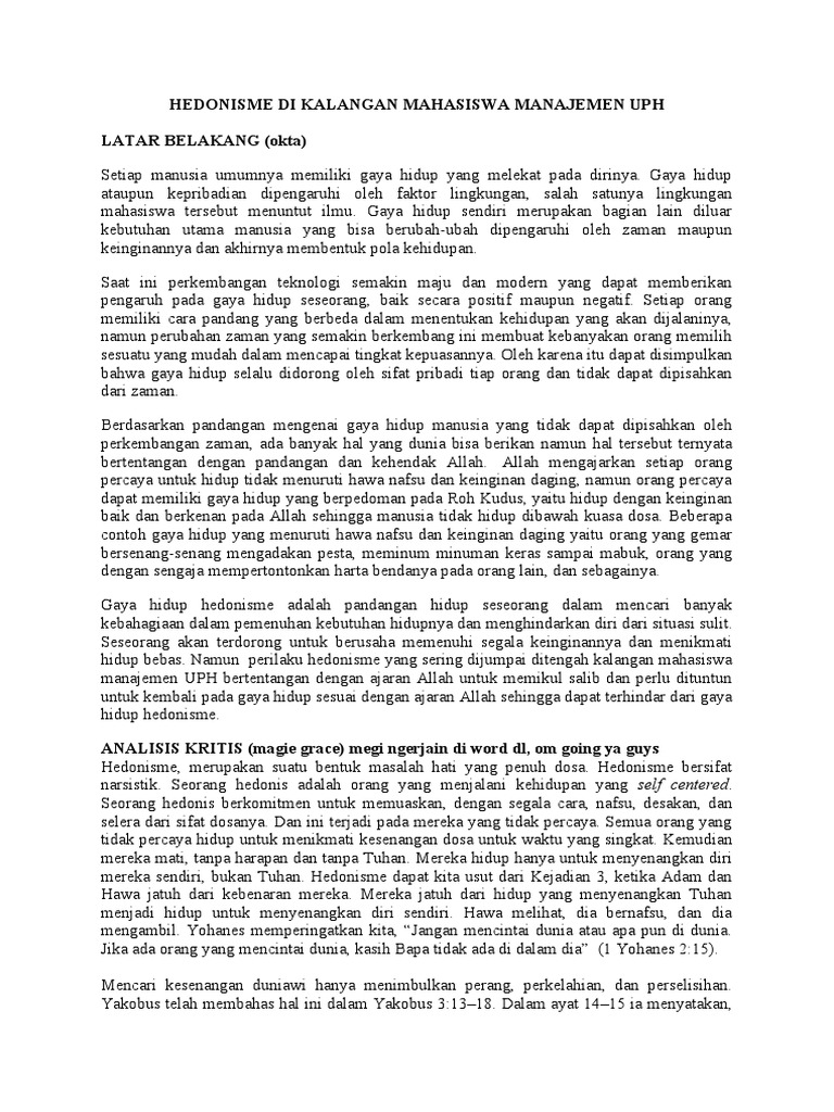 Hedonisme Di Kalangan Mahasiswa Manajemen Uph | PDF