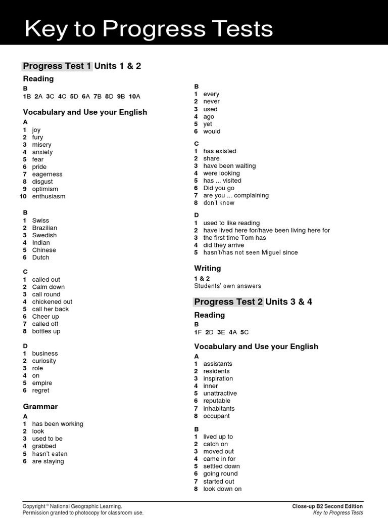 B2 Editable Progress Tests Key 0 | PDF