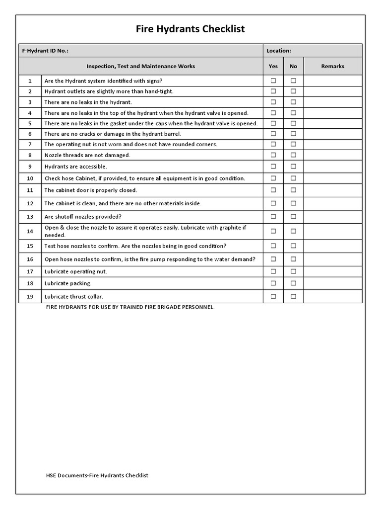 Fire Hydrants Checklist | PDF