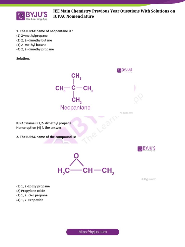 JEE Main IUPAC Nomenclature Questions | PDF | International Union Of Pure And Applied Chemistry ...