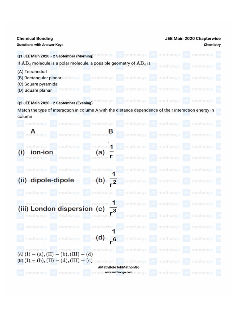 Chemical Bonding Questions Jee Main 2020 Chapterwise Question Bank ...
