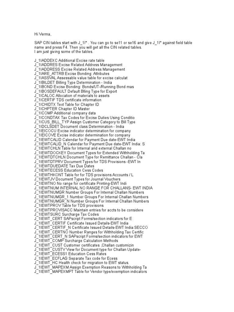 Important SAP SD-Cin Tables | PDF | Invoice | Excise