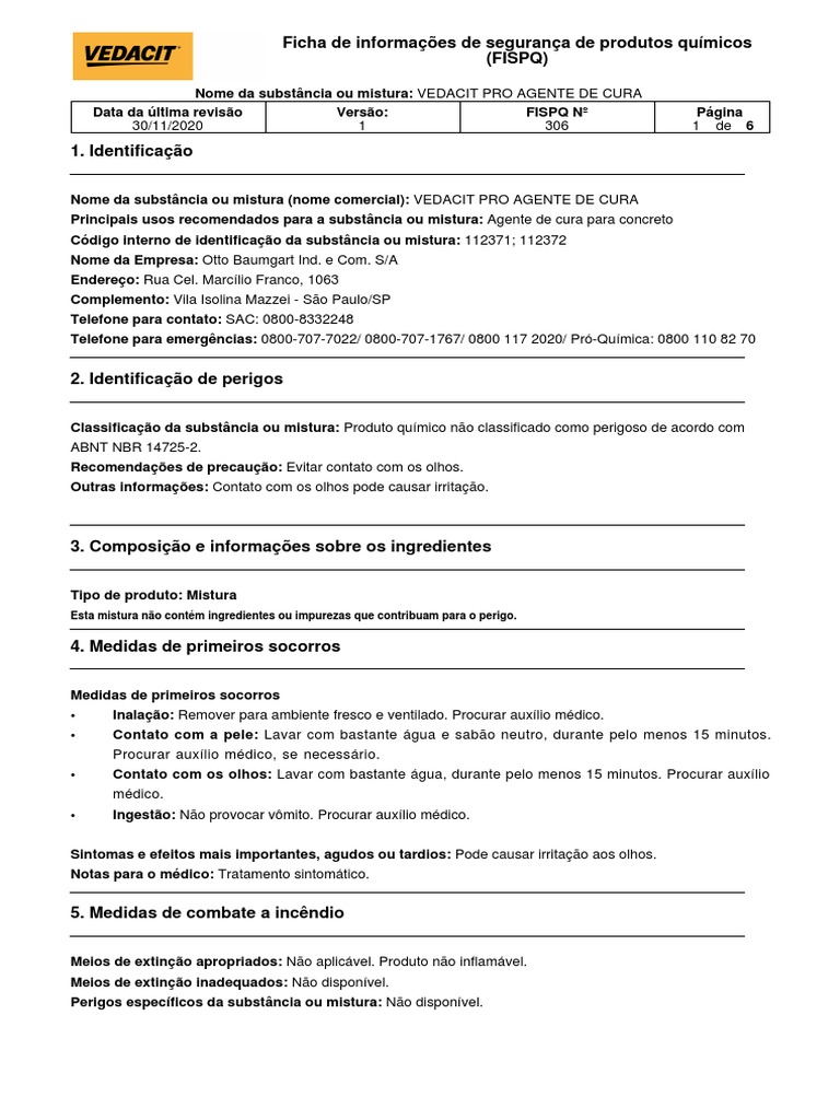 Fispq - Vedacit Pro Agente de Cura | PDF | Química | Solubilidade