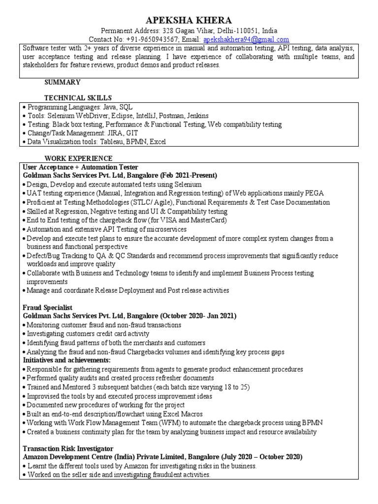 Apeksha Khera's Resume - Software Tester with 2+ Years Experience | PDF ...