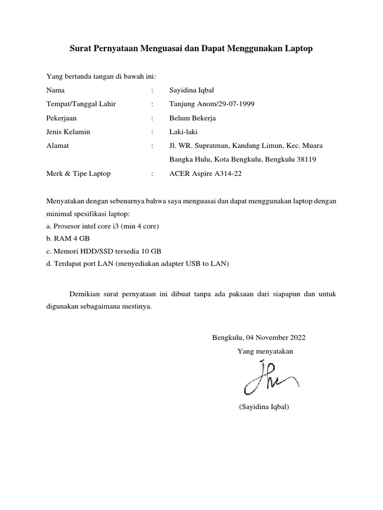 Surat Pernyataan Menguasai Laptop | PDF