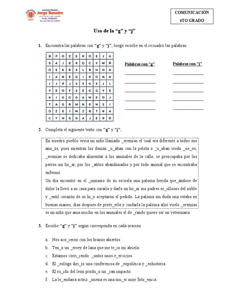 Ejercicios de uso de la g y j para niños | PDF