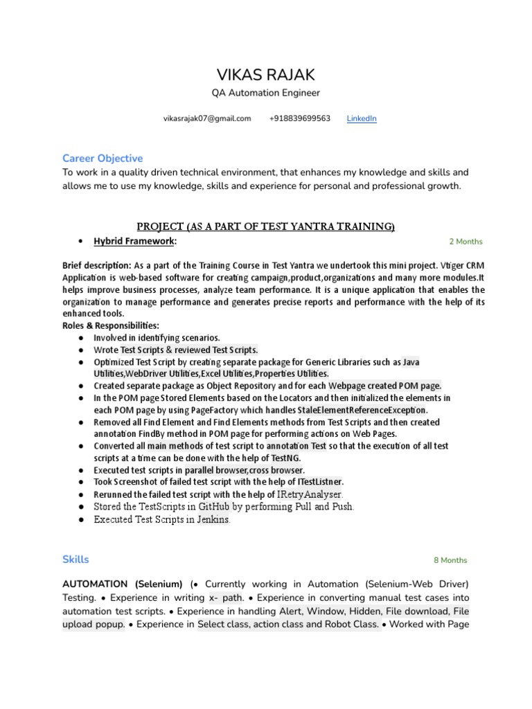 Resume Qa Automation Engineer Vikas Rajak Pdf Sql Software Testing