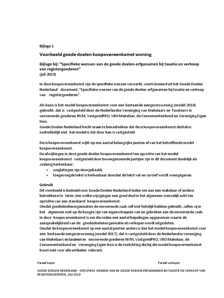Koopovereenkomst Bestaande Eengezinswoning Model 2019 | PDF
