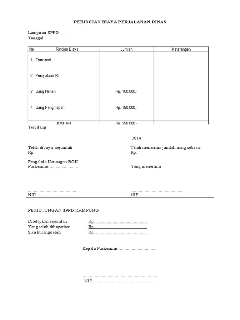 Rincian Biaya Perjalanan Dinas SPPD | PDF