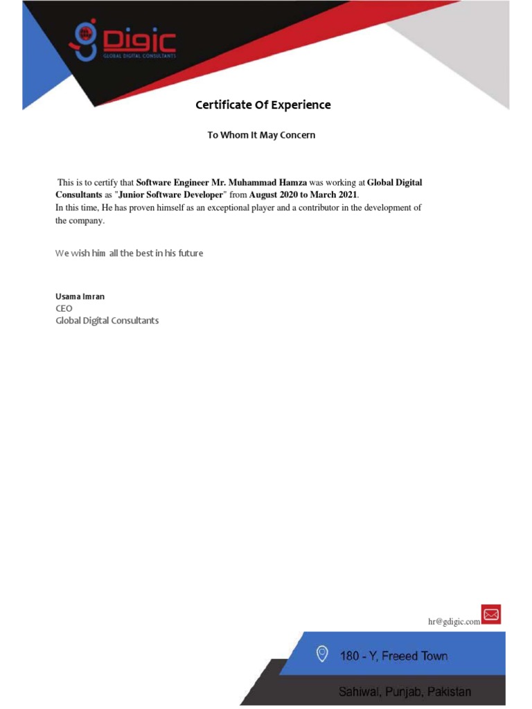 Certificate of Experience: Junior Software Developer at Global Digital ...