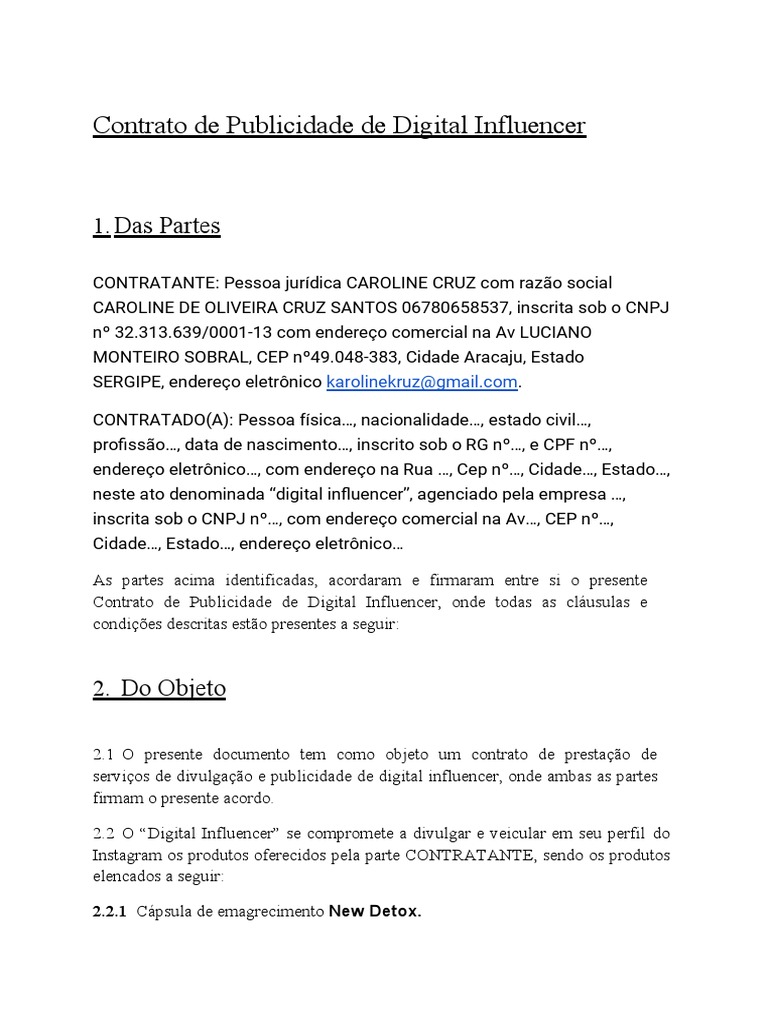 Modelo de Contrato Digital Influencer | PDF | Publicidade | Comunicação