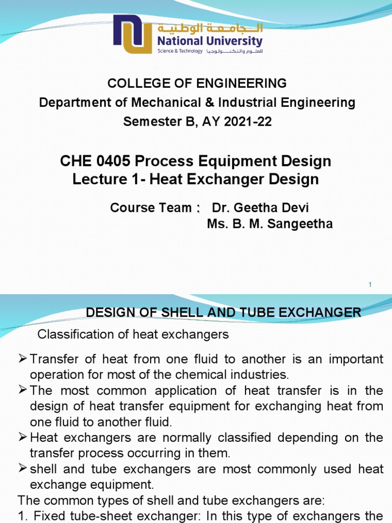 Che0405 Ped Lecture 1 | PDF | Pipe (Fluid Conveyance) | Heat Exchanger