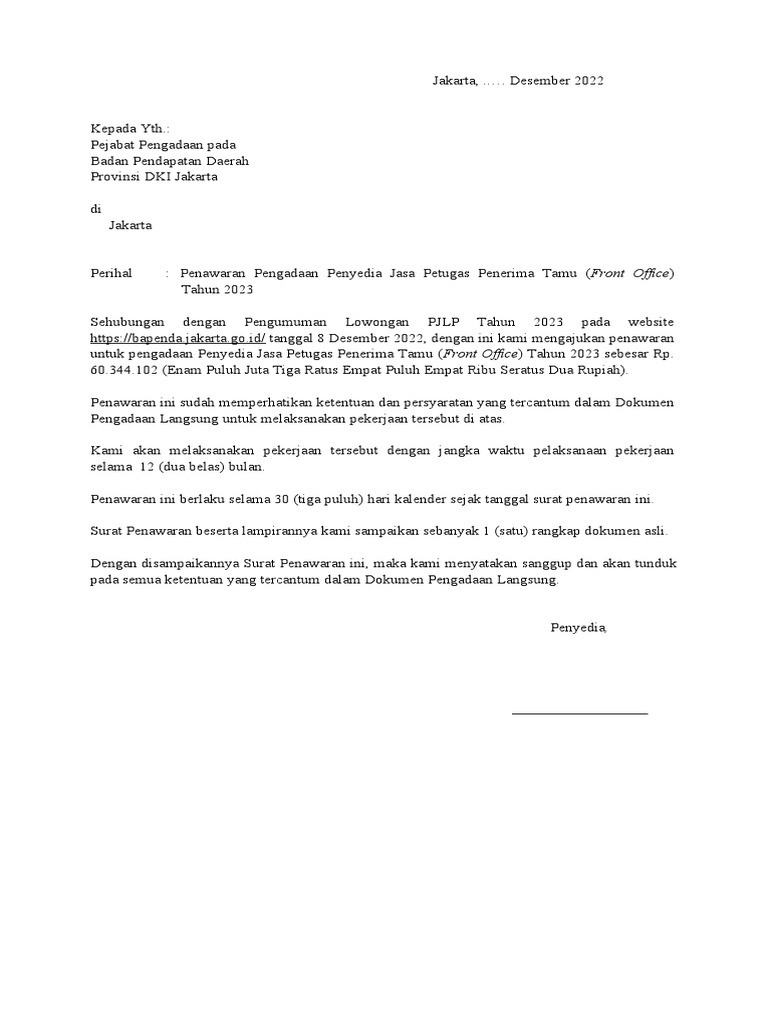 Surat Penawaran - Front Office 2023 | PDF