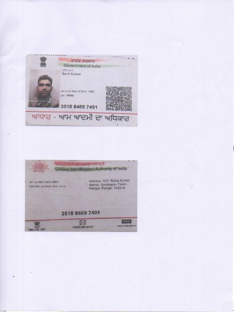 Aadhar Card and Pan Card of Sunil | PDF