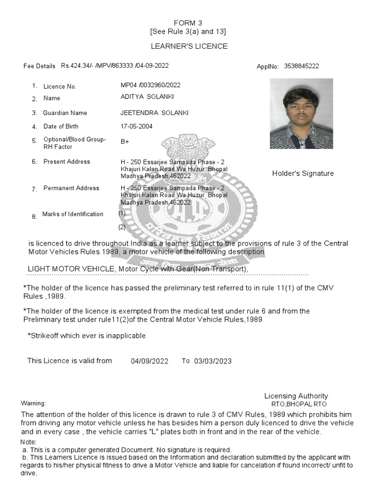 LL Aditya Solanki | PDF | License | Road Transport