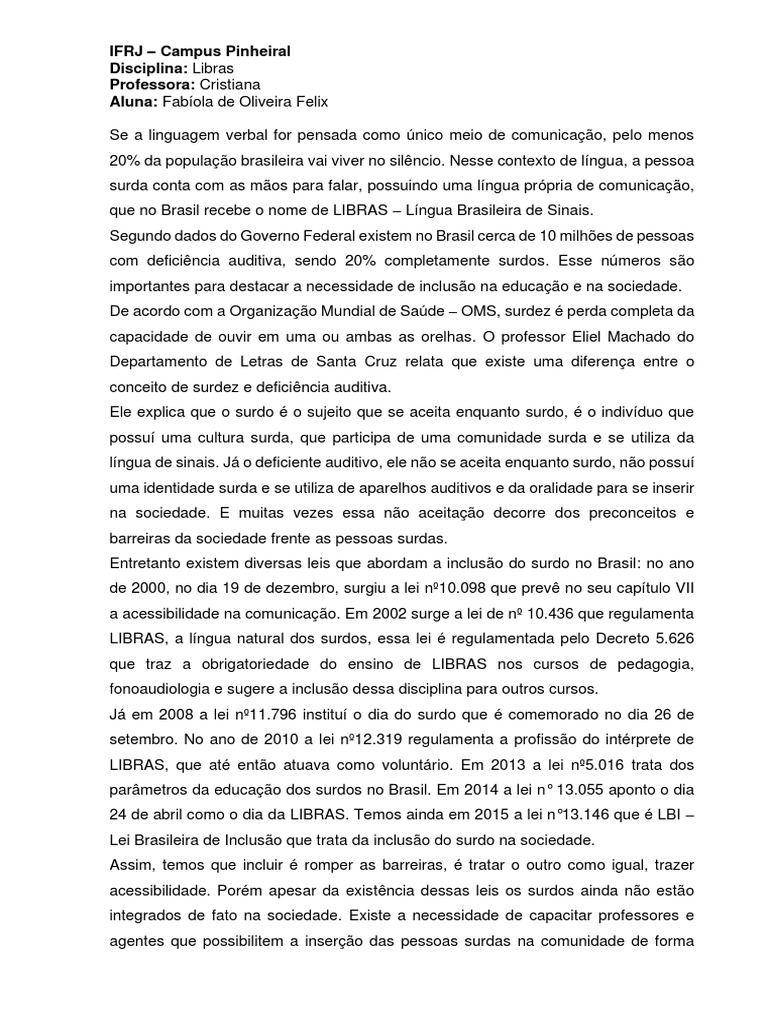 A Inclusão De Surdos No Brasil Fabíola Felix Pdf Surdez