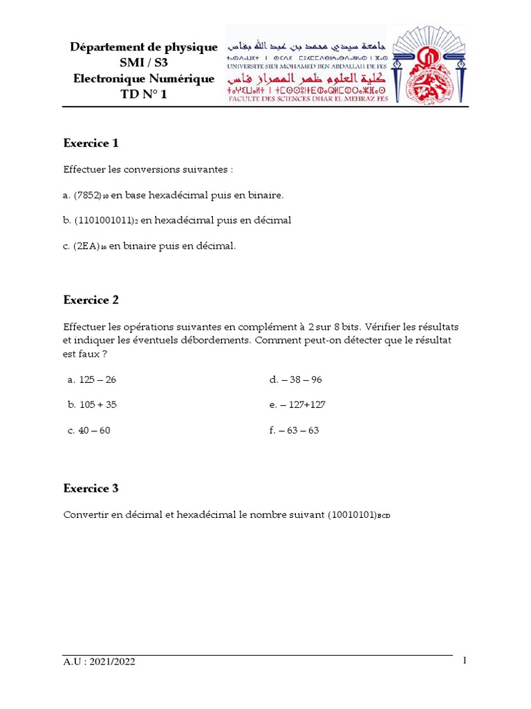 Département de Physique Smi / S3 Electronique Numérique TD #1 | PDF