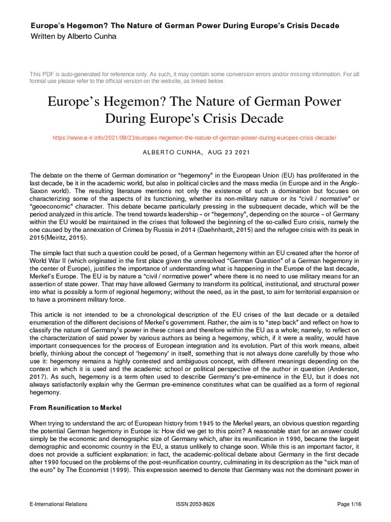 Europes Hegemon The Nature of German Power During Europes Crisis Decade ...